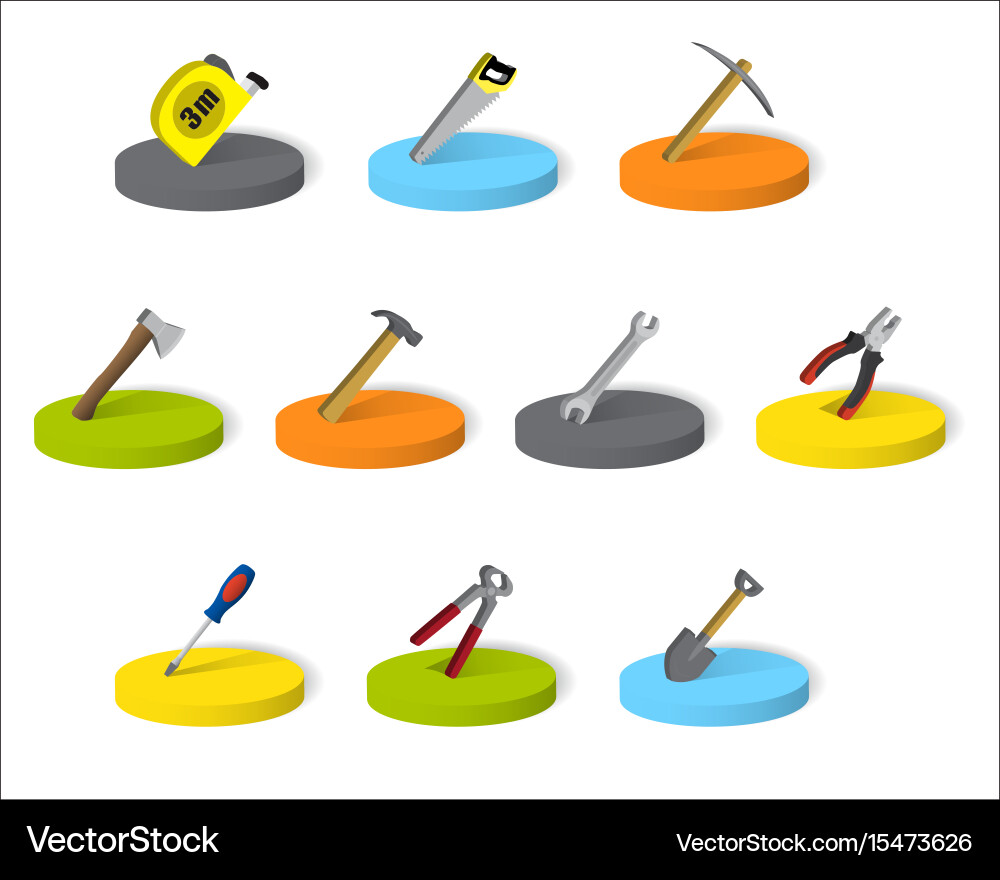 Set of isometric industrial tools on a round base Vector Image