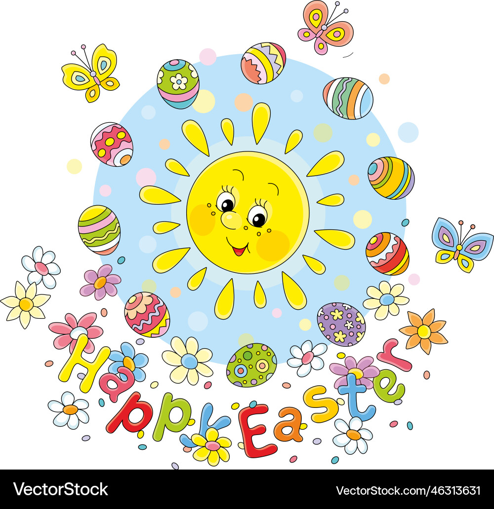 Easter card with a sun and colorfully painted eggs