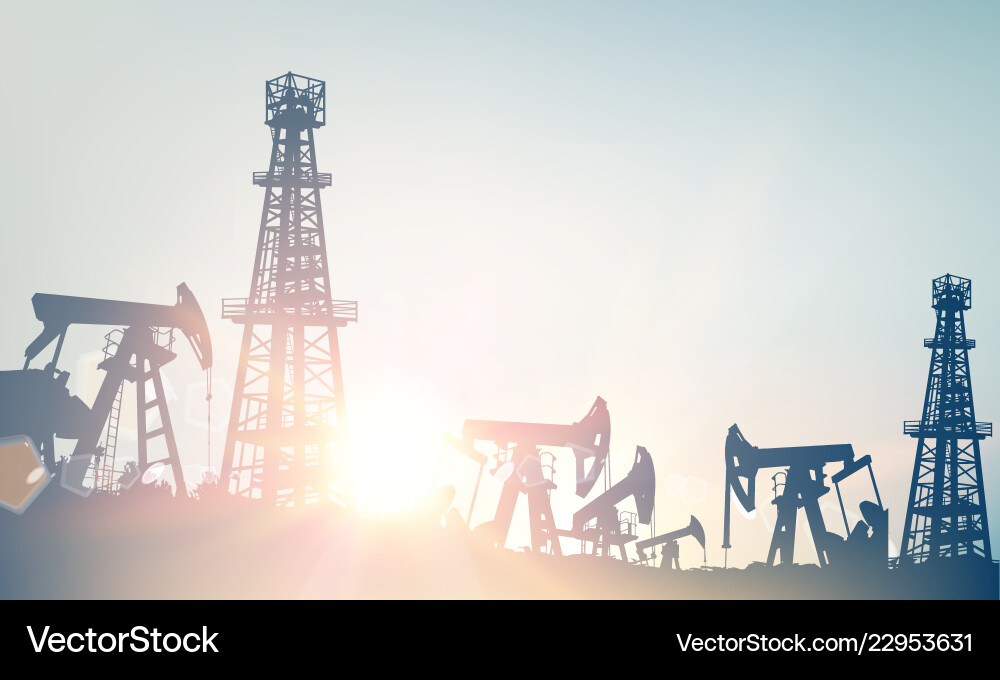 Oil field with derricks and pumpd over blue sky Vector Image