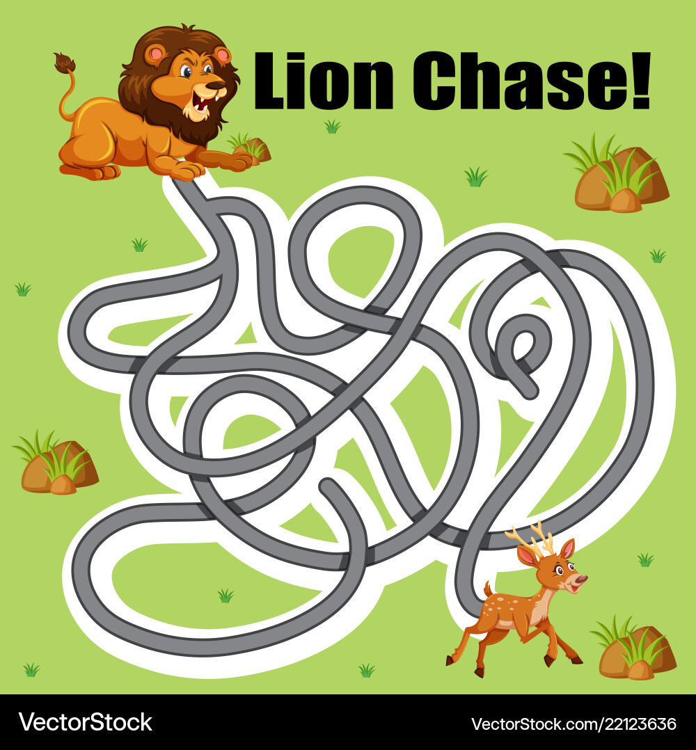 Lion chase deer maze game Royalty Free Vector Image
