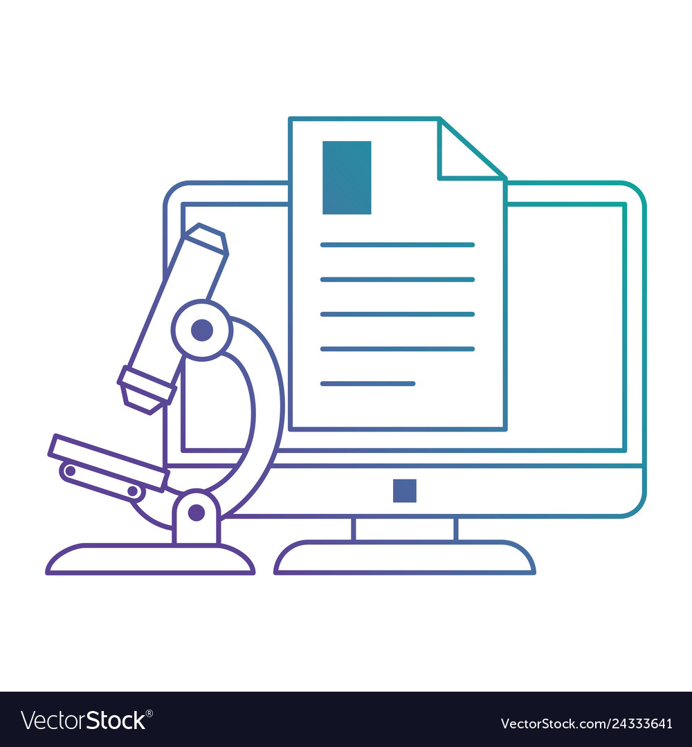 Document with computer and microscope Royalty Free Vector