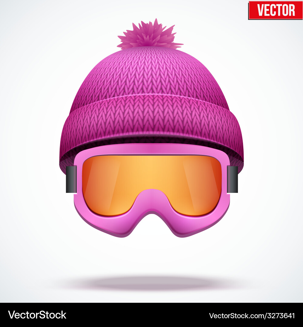 Knitted woolen pink cap with snow goggles Winter Vector Image