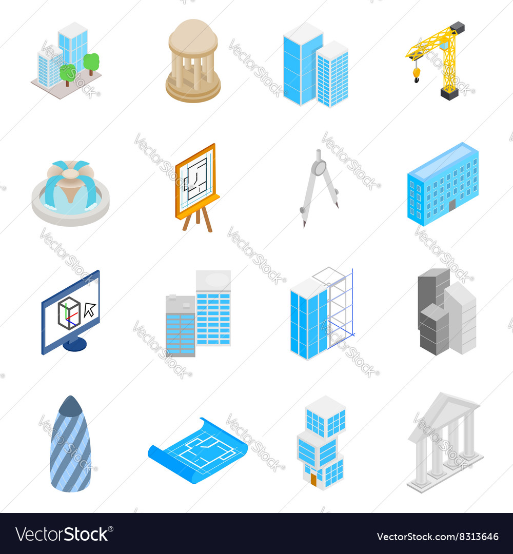 Architecture icons set isometric 3d style Vector Image