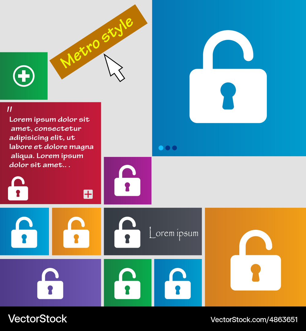 Open padlock icon sign metro style buttons modern Vector Image