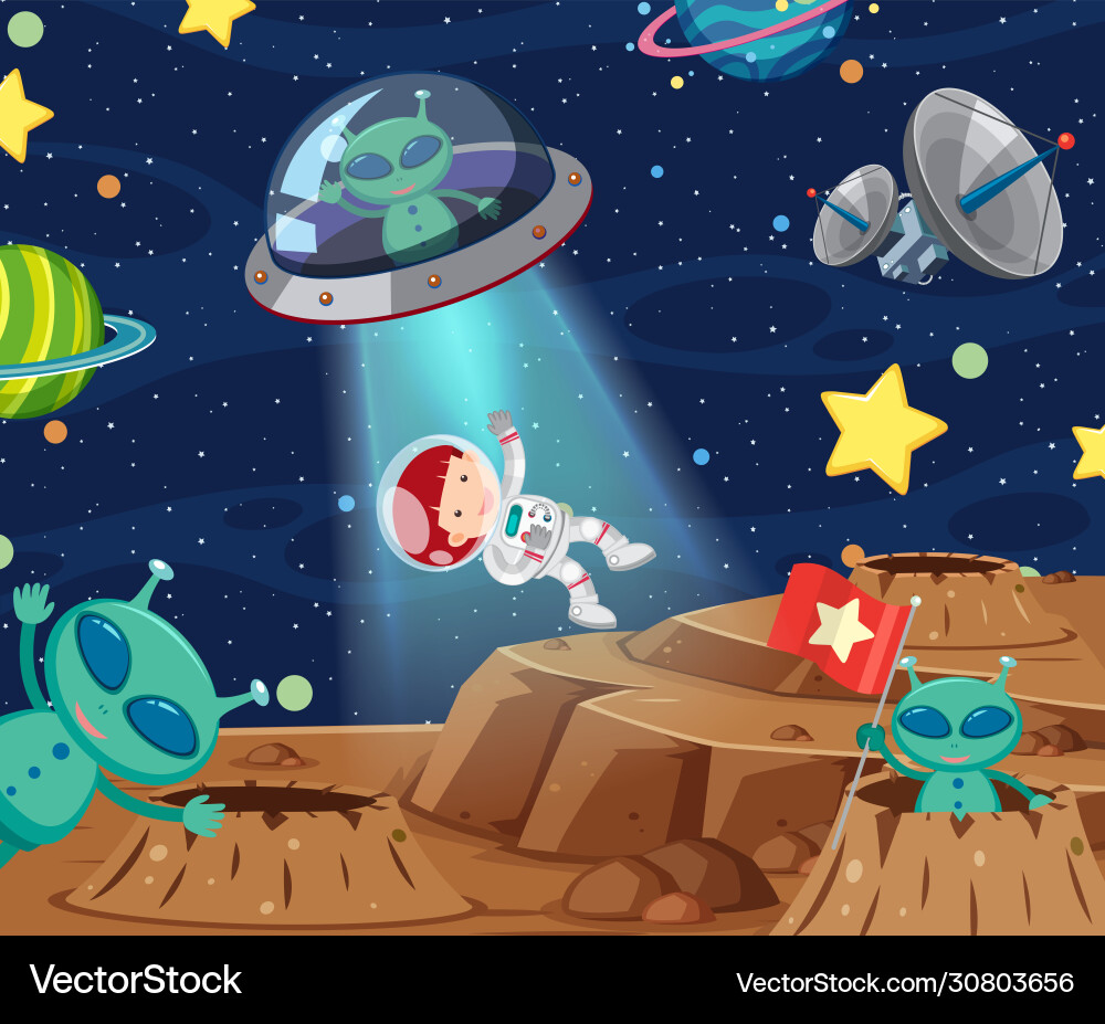Background scene with astronaut and aliens Vector Image