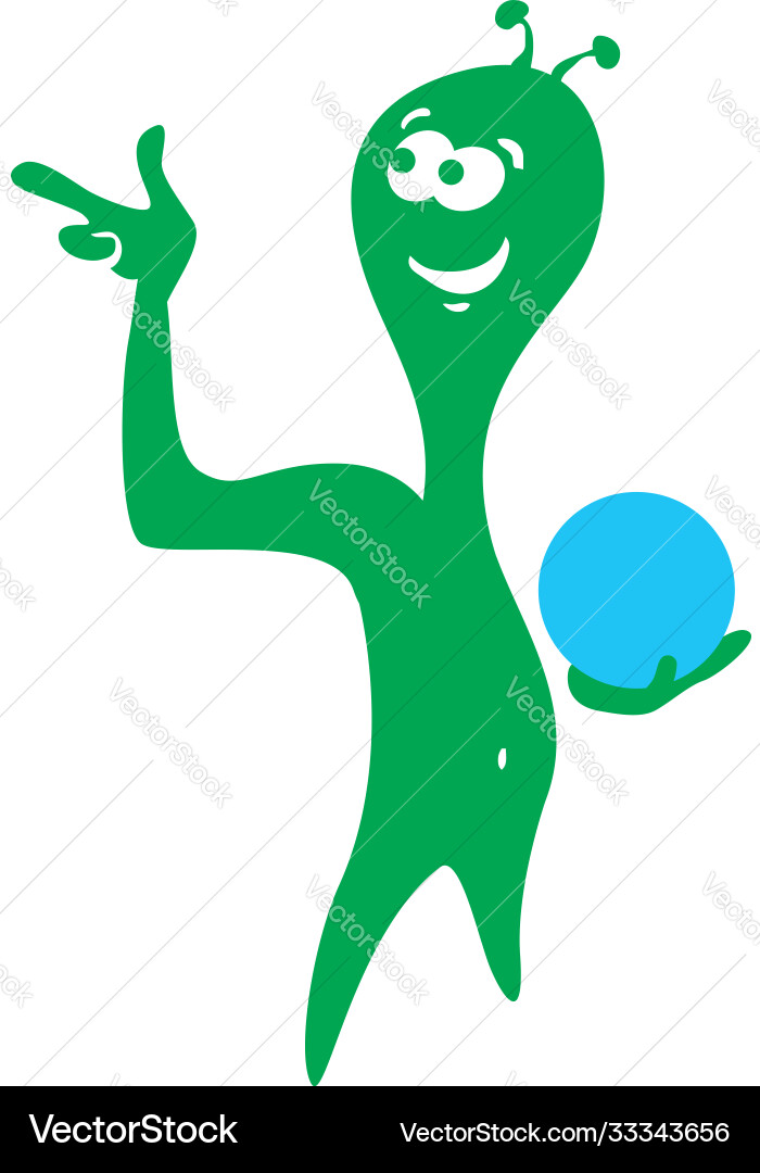 Cheerful green alien also enjoys bowling Vector Image