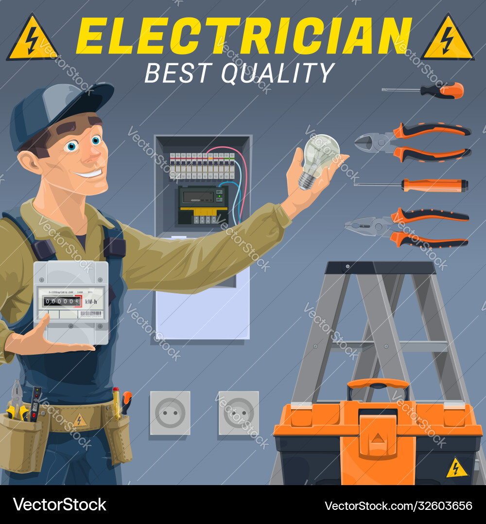 Electrician with electric equipment and tools Vector Image