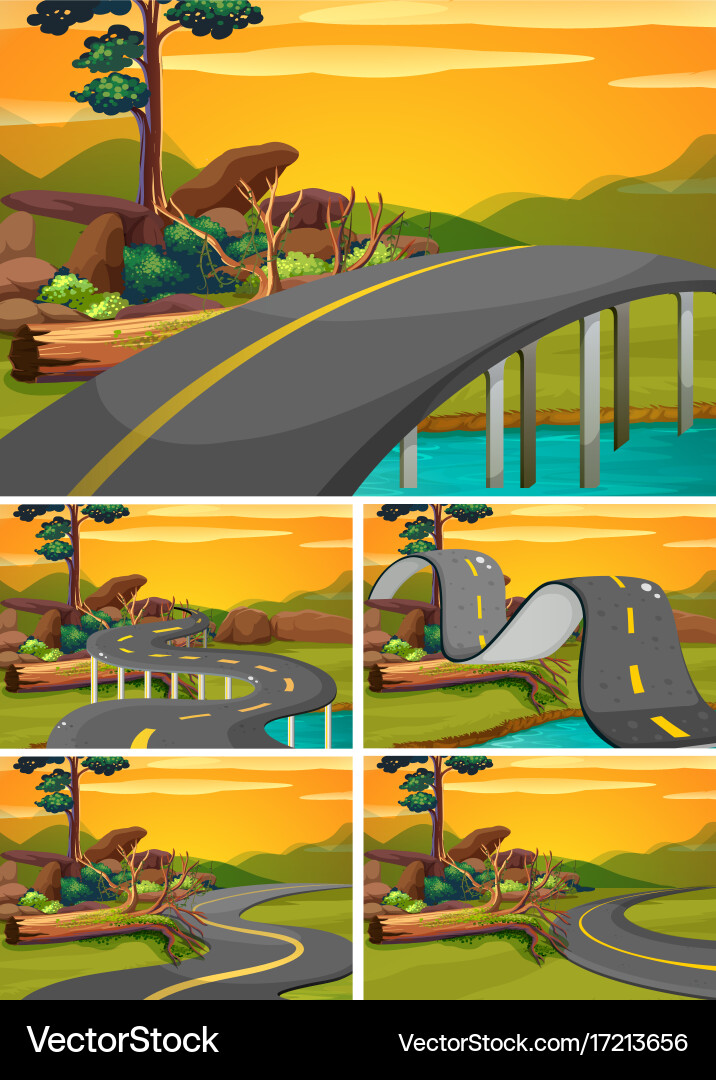 Five scenes of road at sunset Royalty Free Vector Image