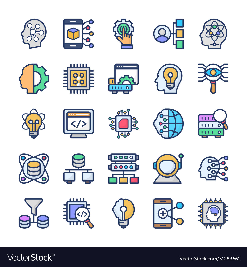 Data science technology flat icons set Royalty Free Vector
