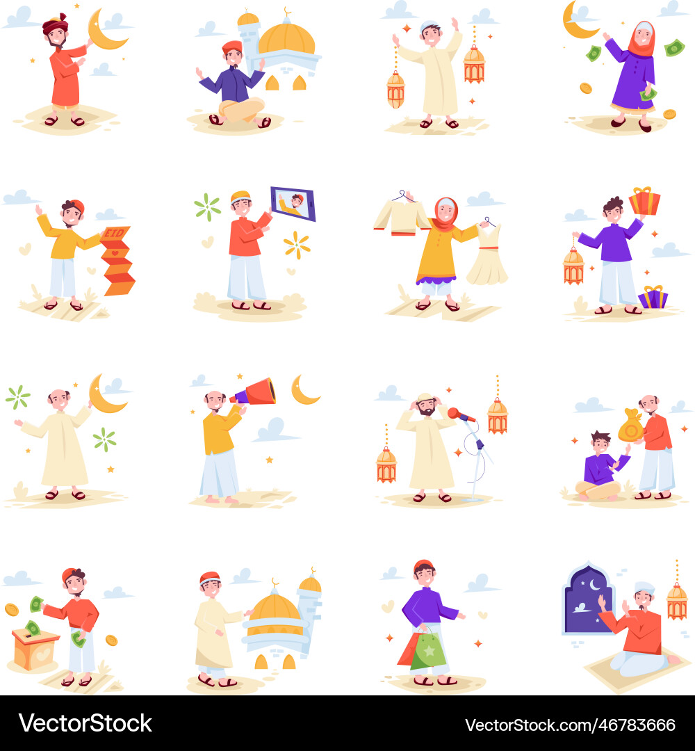 Bundle of trendy eid festival flat Royalty Free Vector Image