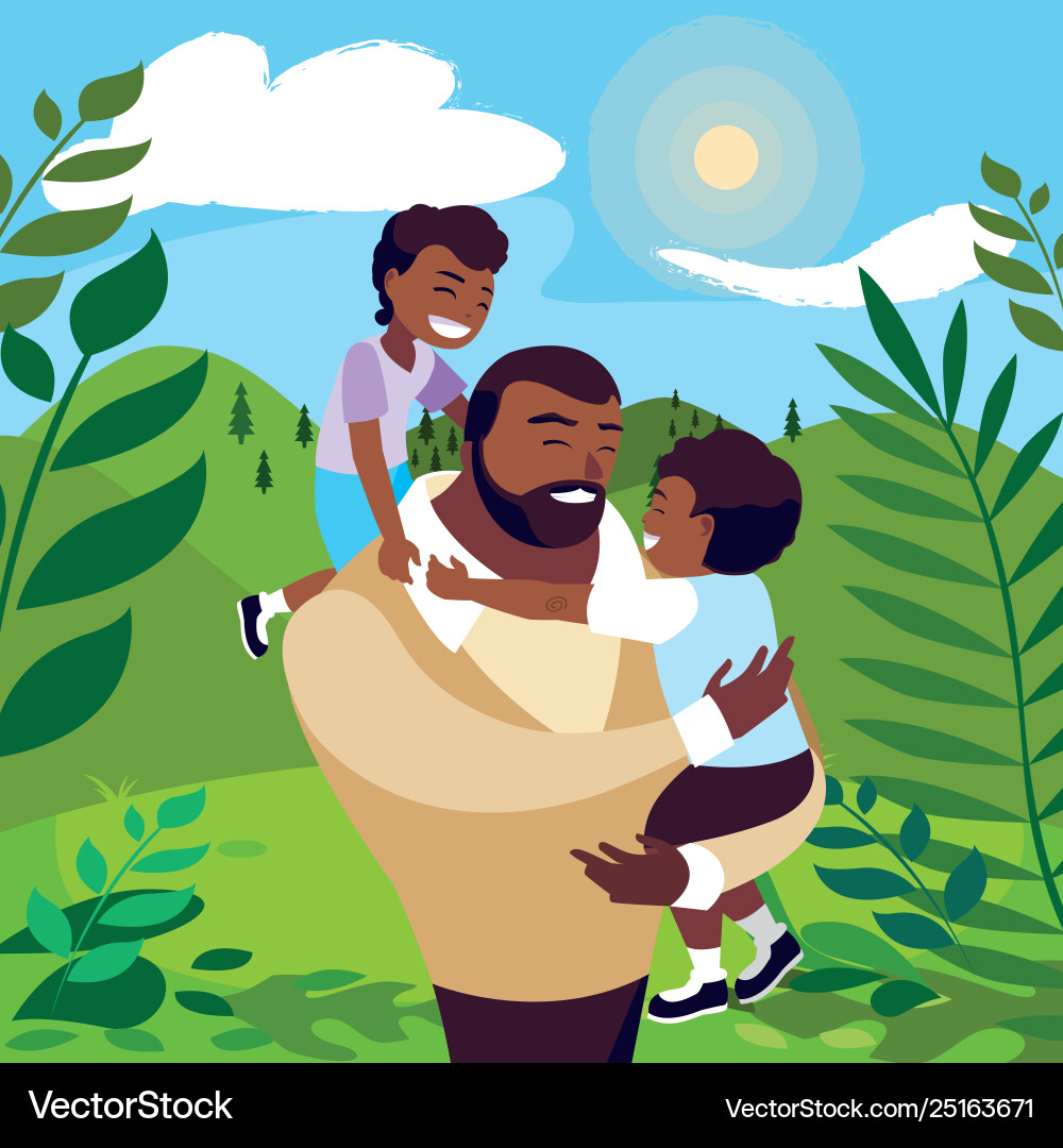Afro father with sons characters in field Vector Image