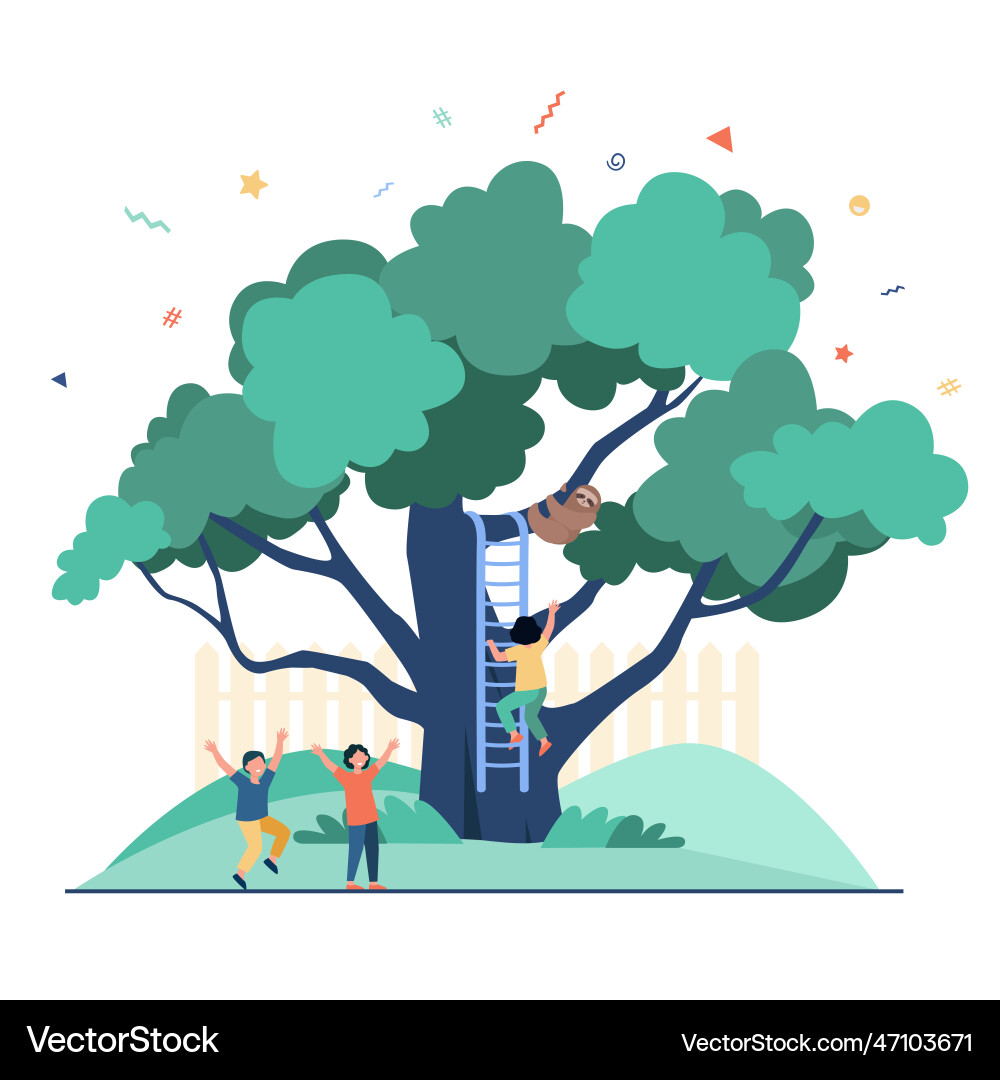 Children climbing tree and playing in summer Vector Image