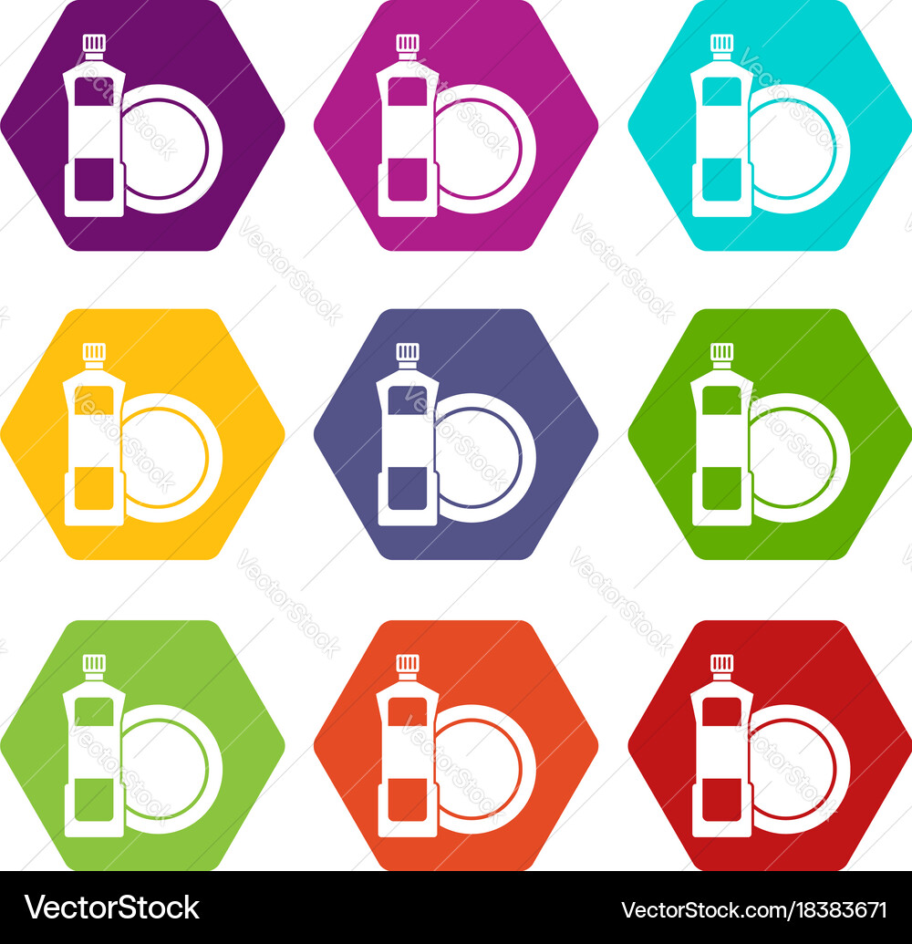 Dishwashing liquid detergent and dish icon set Vector Image