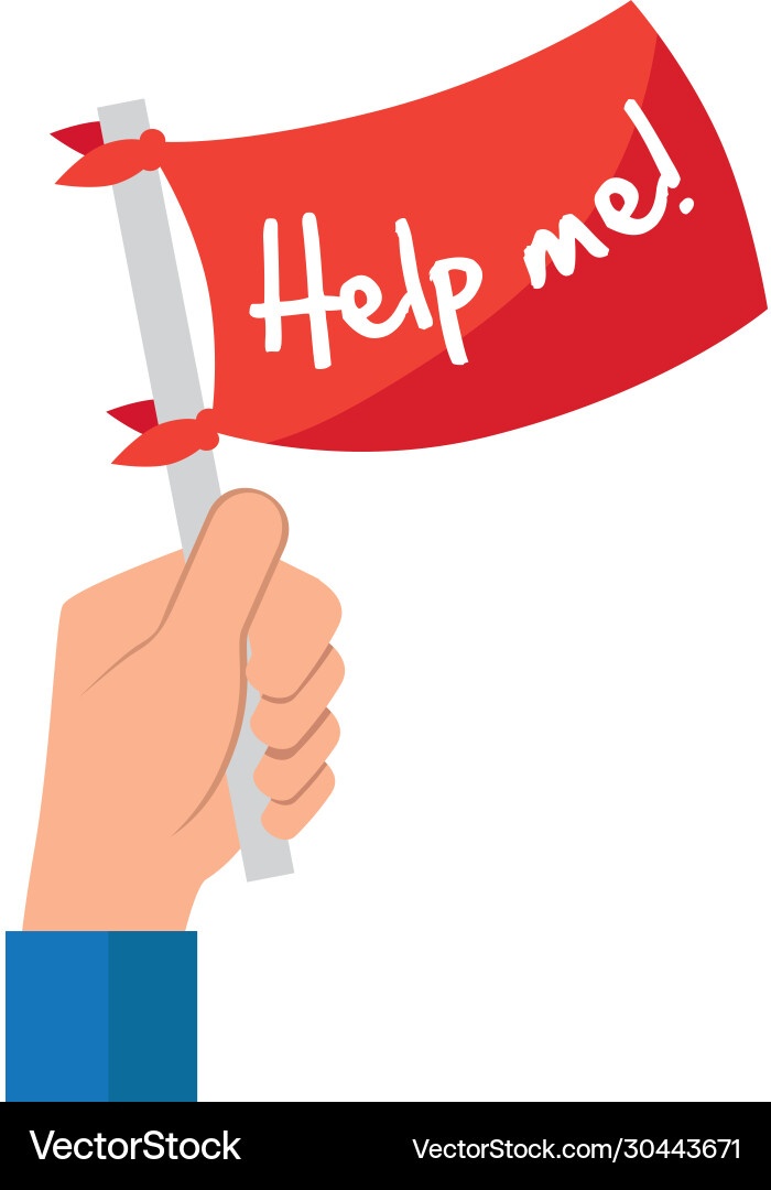 Hand and flag with signboard help me isolated icon
