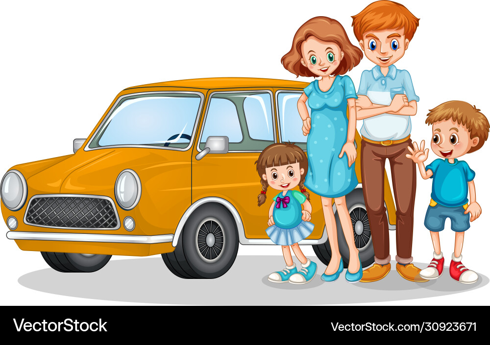 Happy family in front car Royalty Free Vector Image