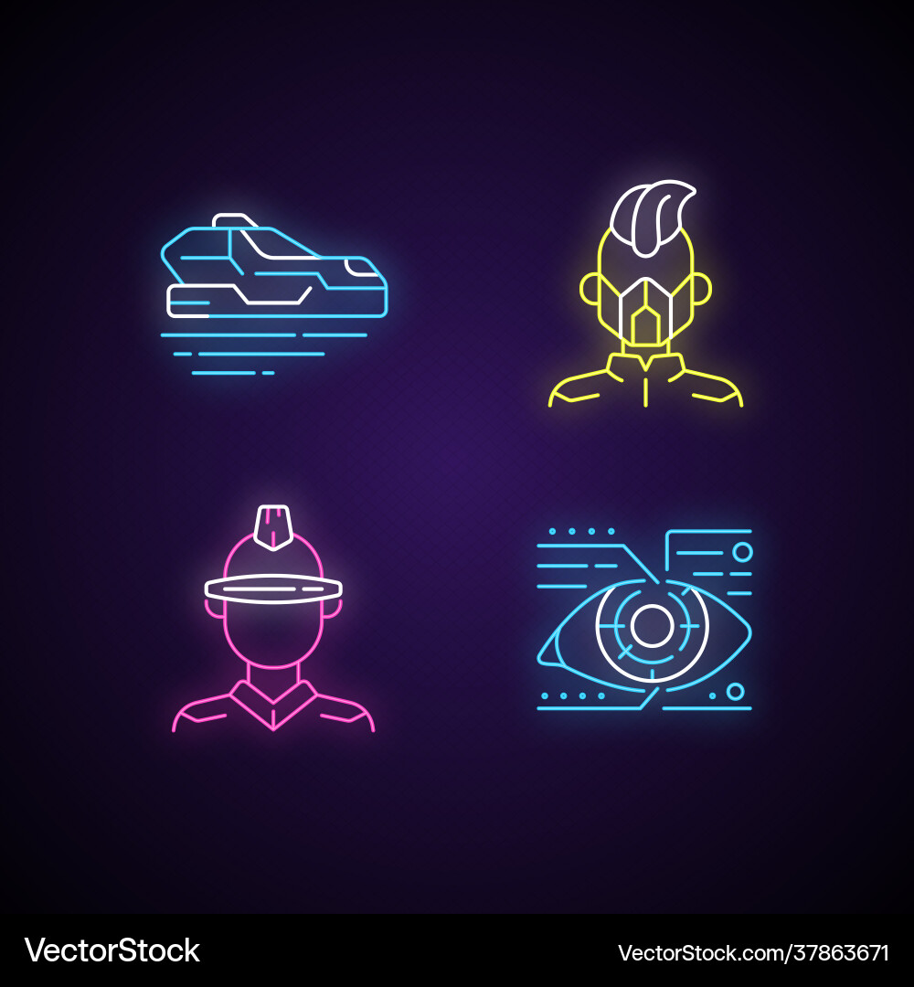 Sci fi and cyberpunk neon light icons set Vector Image