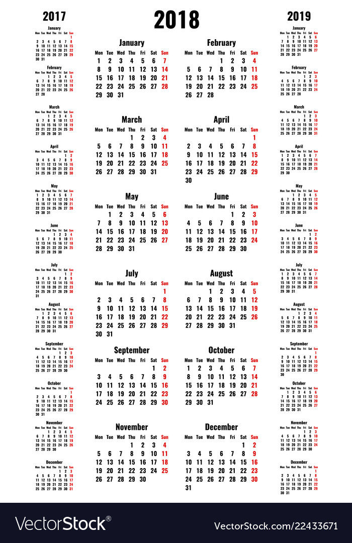 Simple vertical calendars for 2018 and 2017 2019 Vector Image