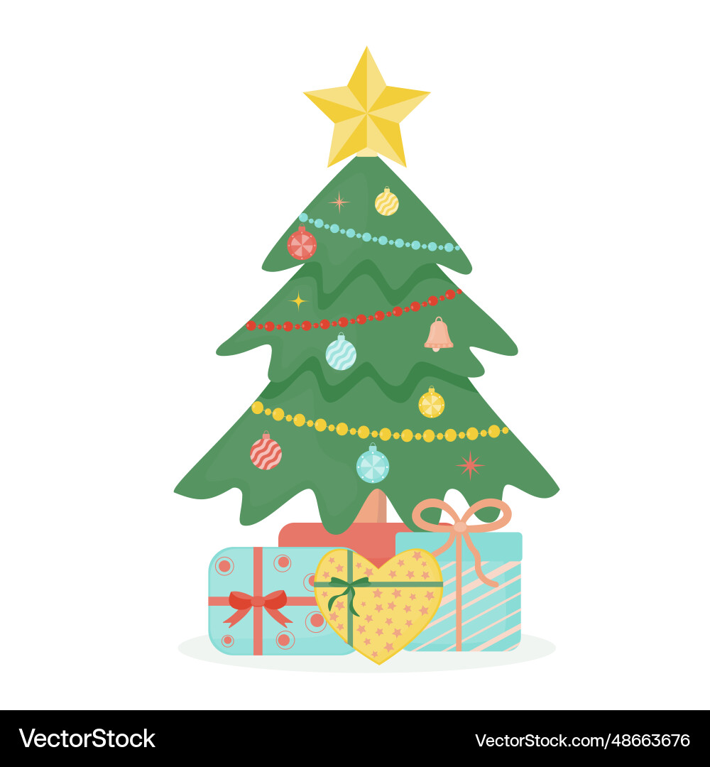 Decorated christmas tree with gift boxes a star Vector Image