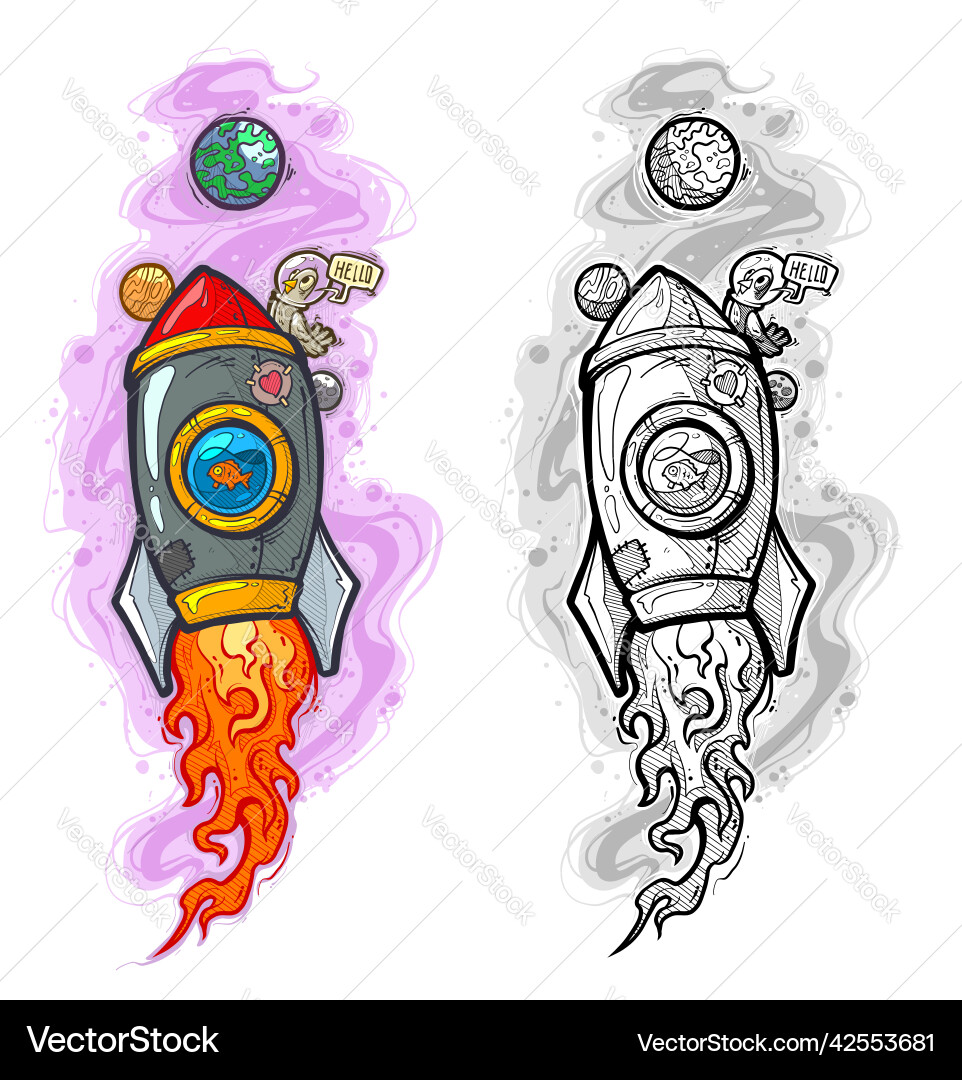 Cartoon space rocket flying with fish and pigeon Vector Image