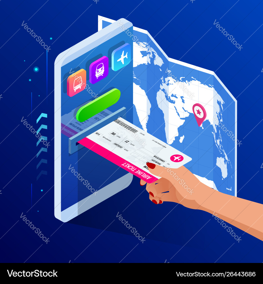Isometric airline or bus or train tickets online Vector Image