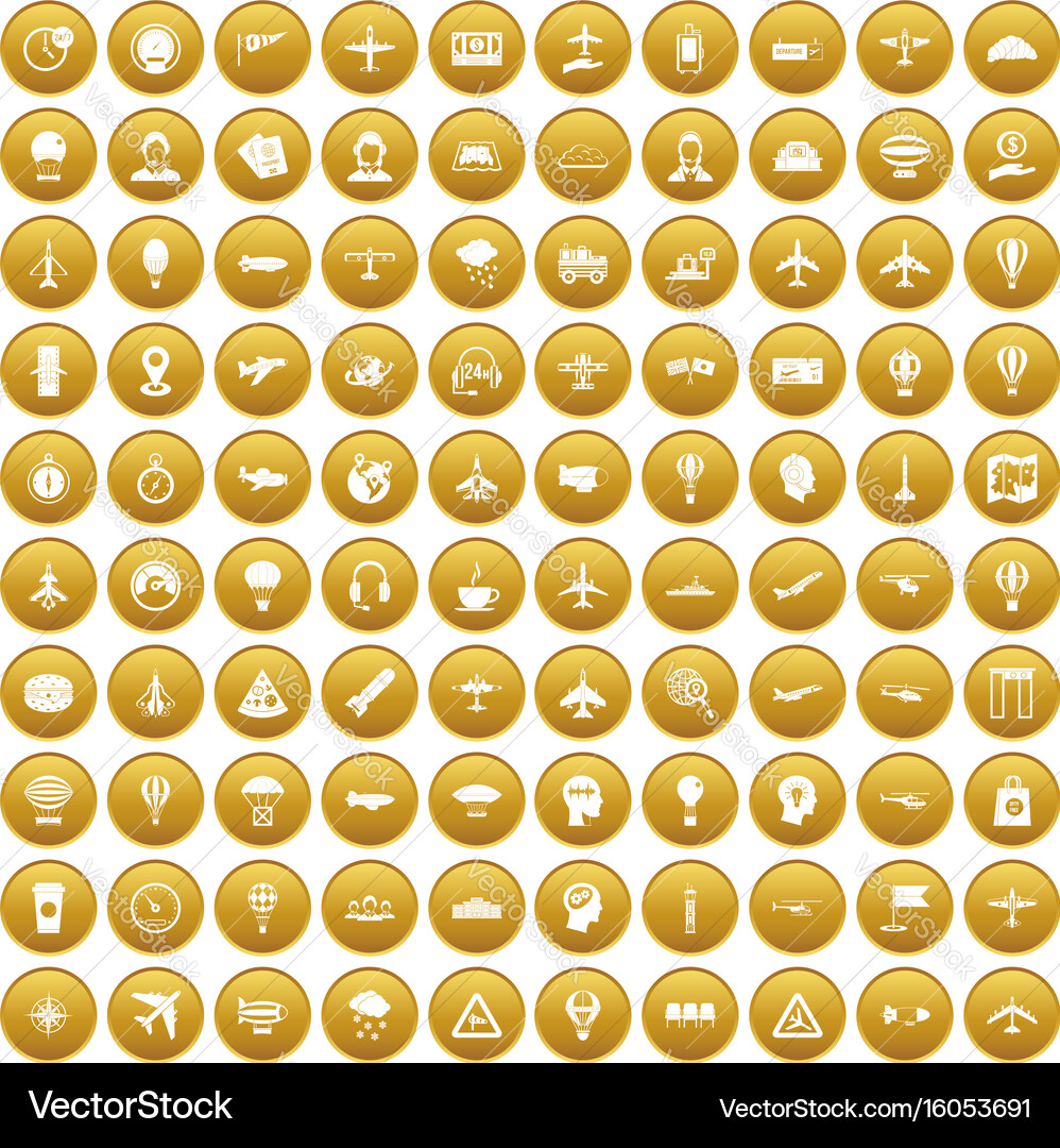 100 aviation icons set gold Royalty Free Vector Image
