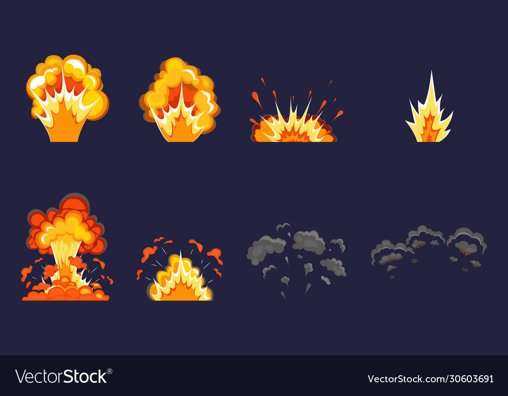 Bomb explosion and fire cartoon set Royalty Free Vector
