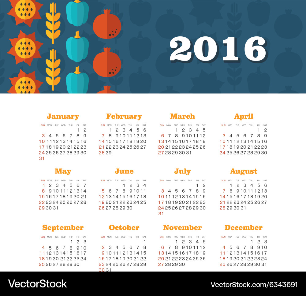 Calendar for 2016 week starts sunday Royalty Free Vector