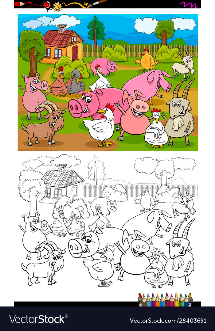 Farm animals characters group color book page Vector Image