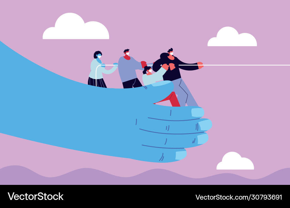 People in medical mask pulling rope try to stop Vector Image