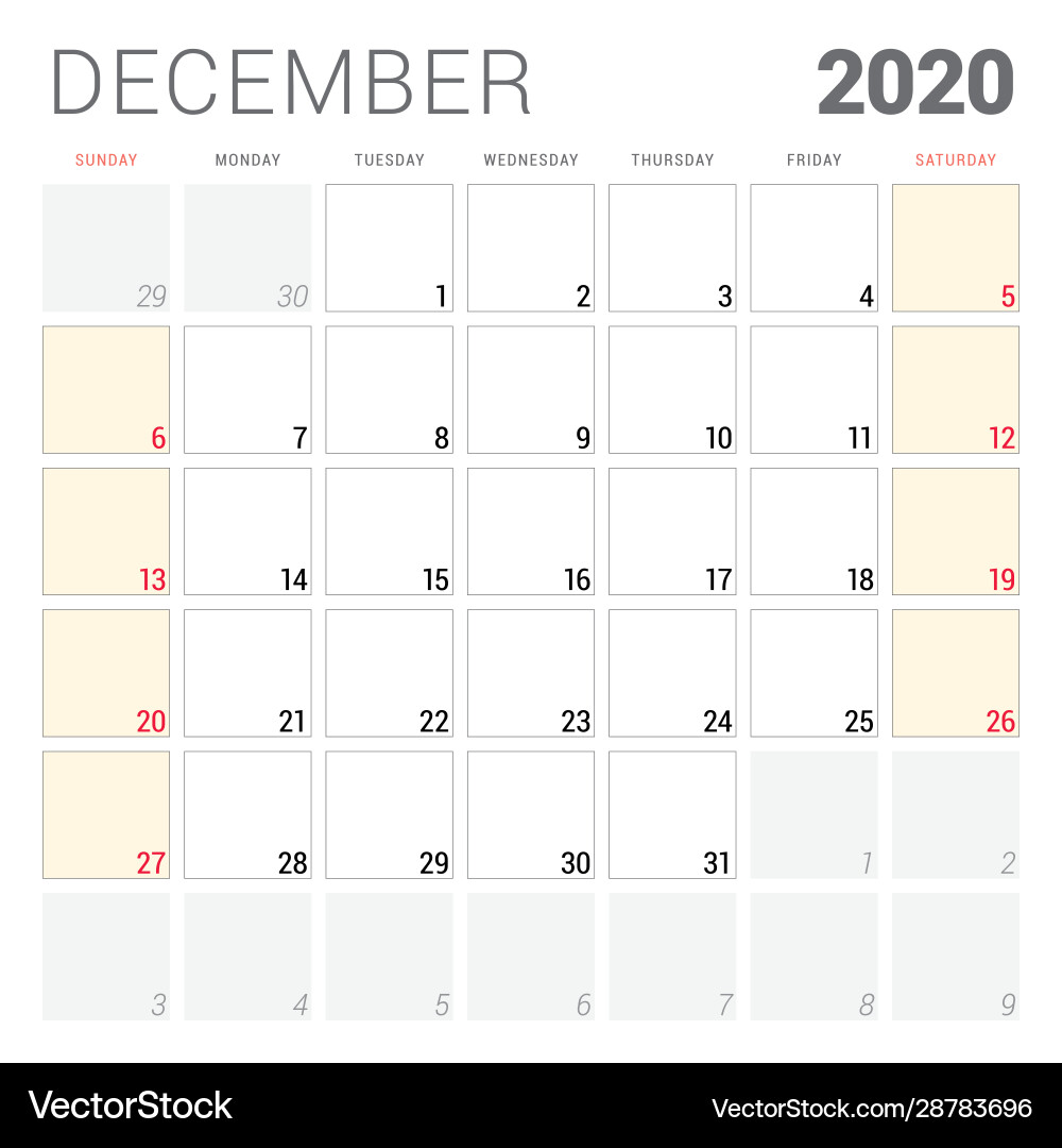 Calendar planner for december 2020 week starts on Vector Image