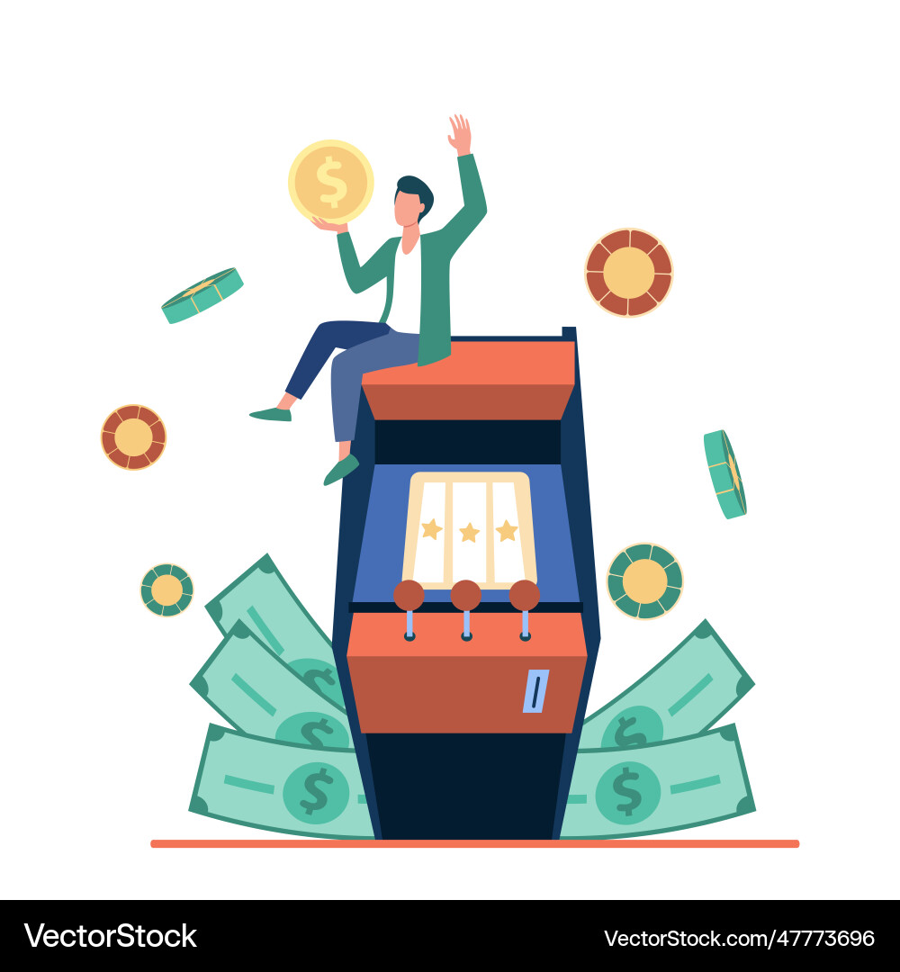 Excited tiny man enjoying victory in slot machine Vector Image
