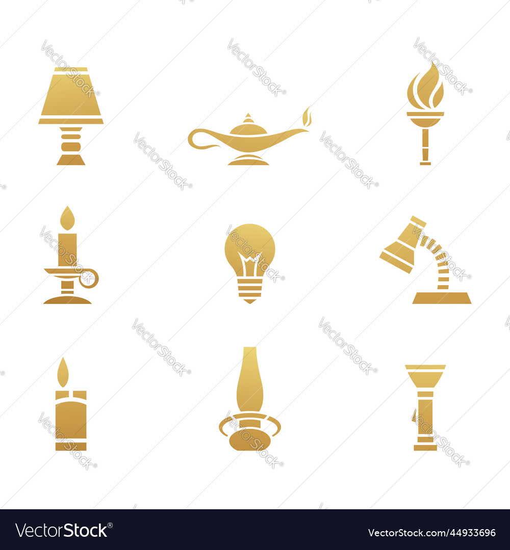 Golden light sources icons on a white background Vector Image Golden light sources icons on a white background Vector Image