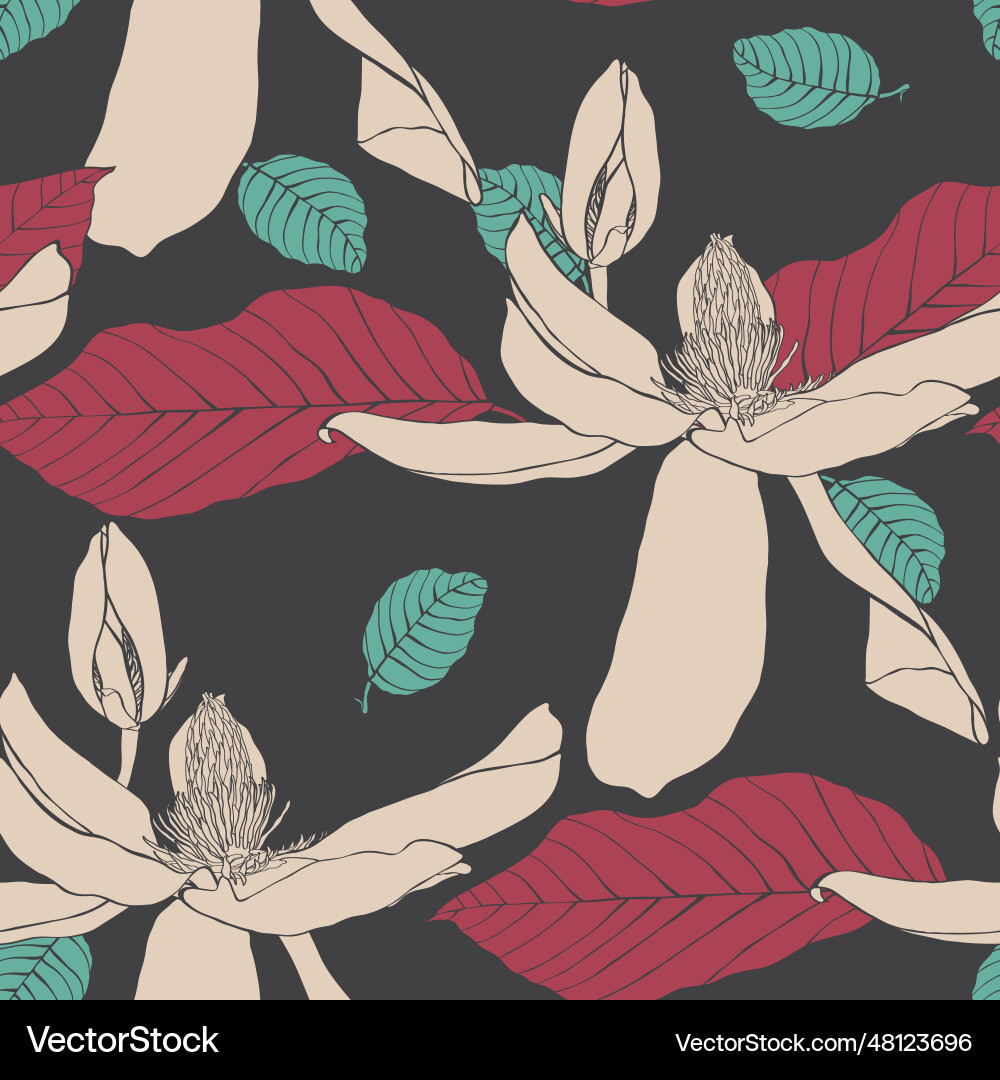 Seamless line floral pattern with magnolia flowers