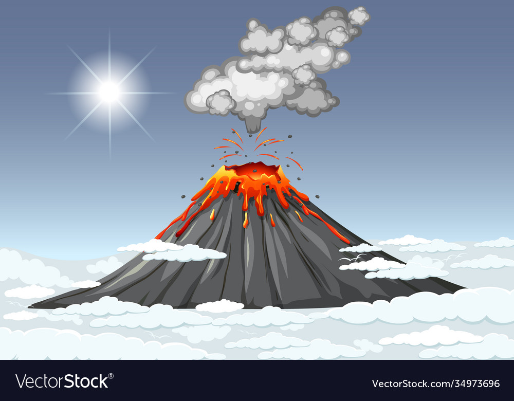 Volcano eruption in sky with clouds scene at Vector Image