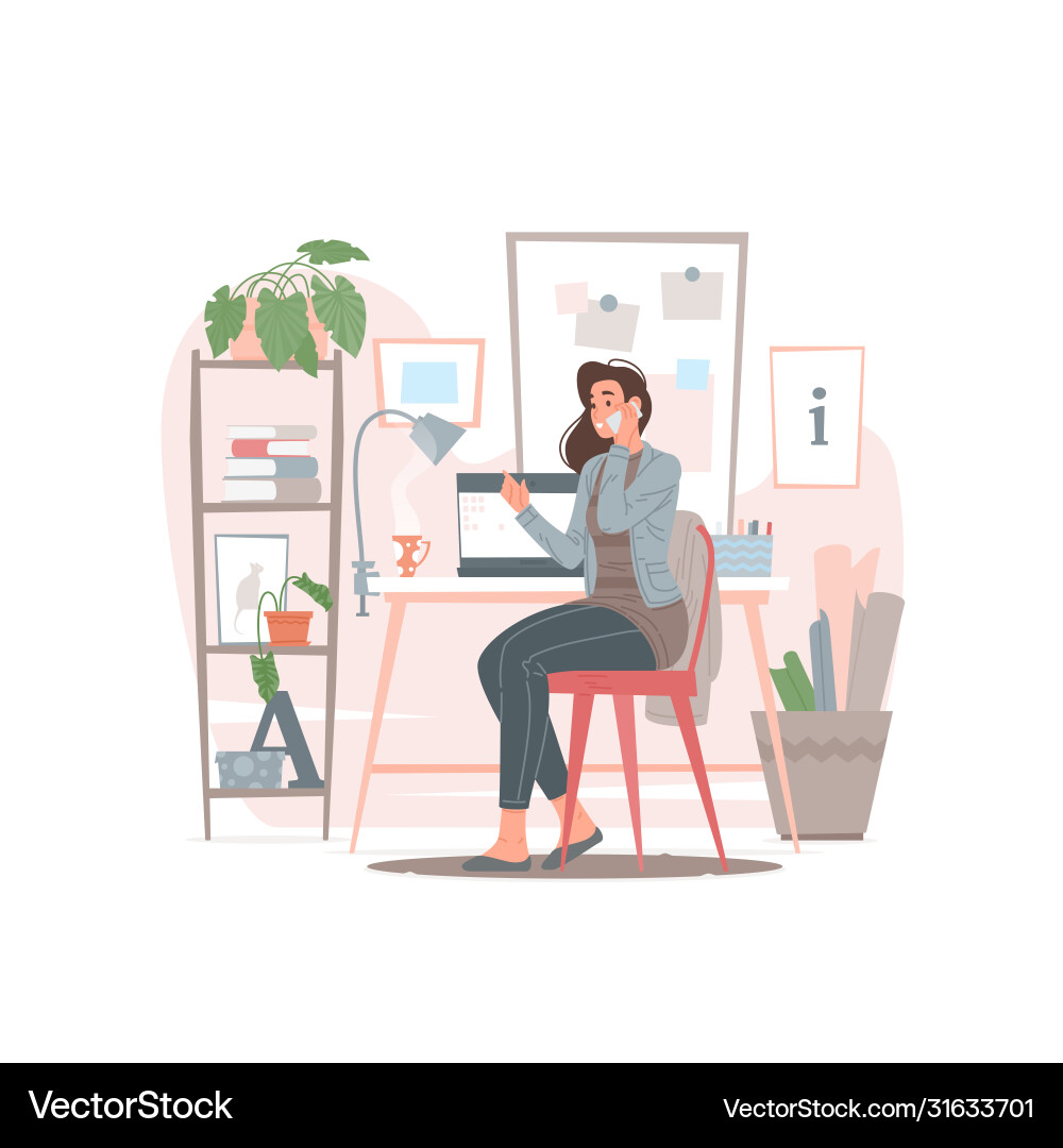 Female designer speaking on phone with client Vector Image