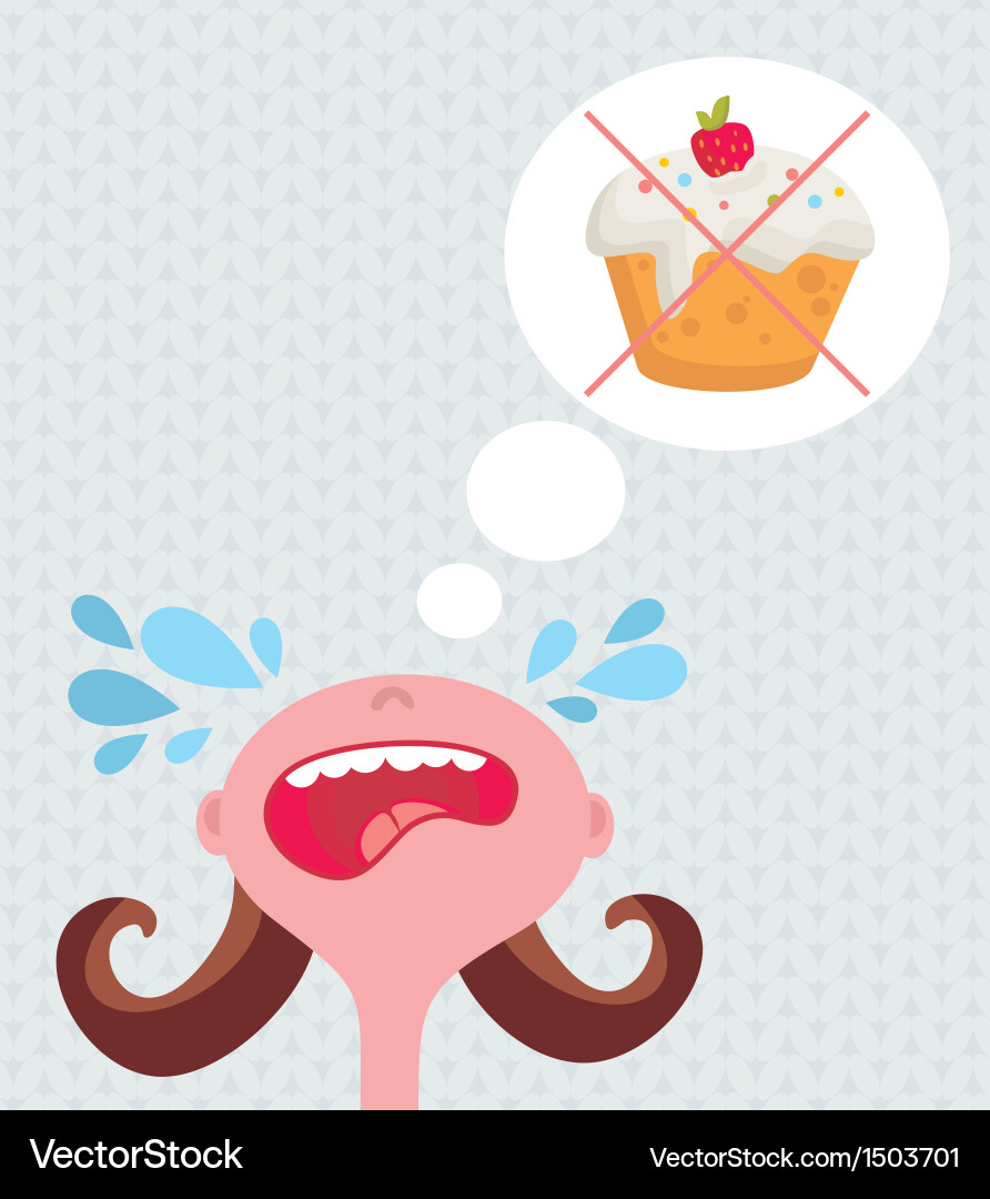 Girl cries about sweet cake Royalty Free Vector Image