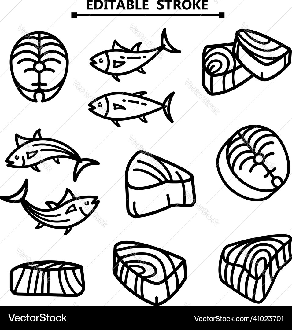 Tuna outline icons set collection Royalty Free Vector Image