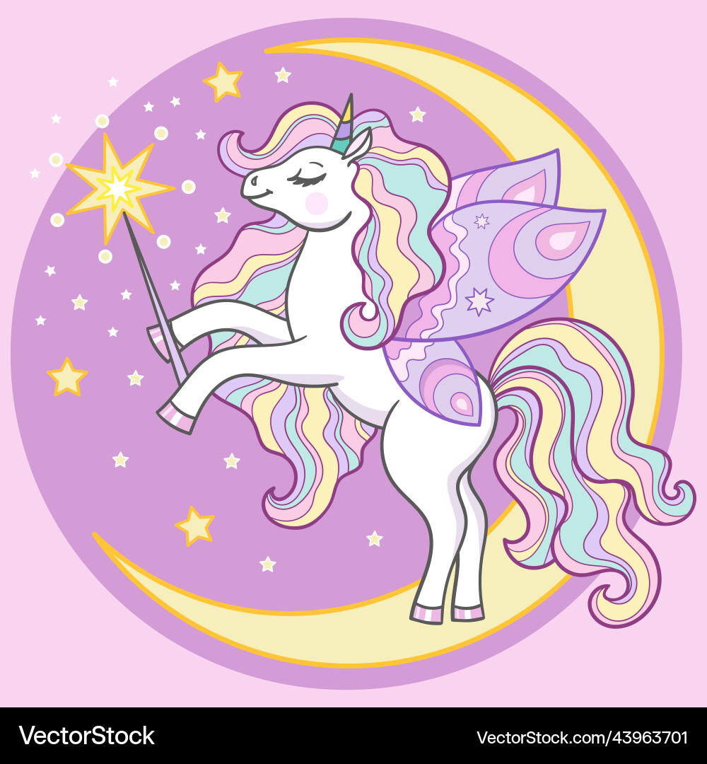White unicorn with a magic wand on the moon Vector Image