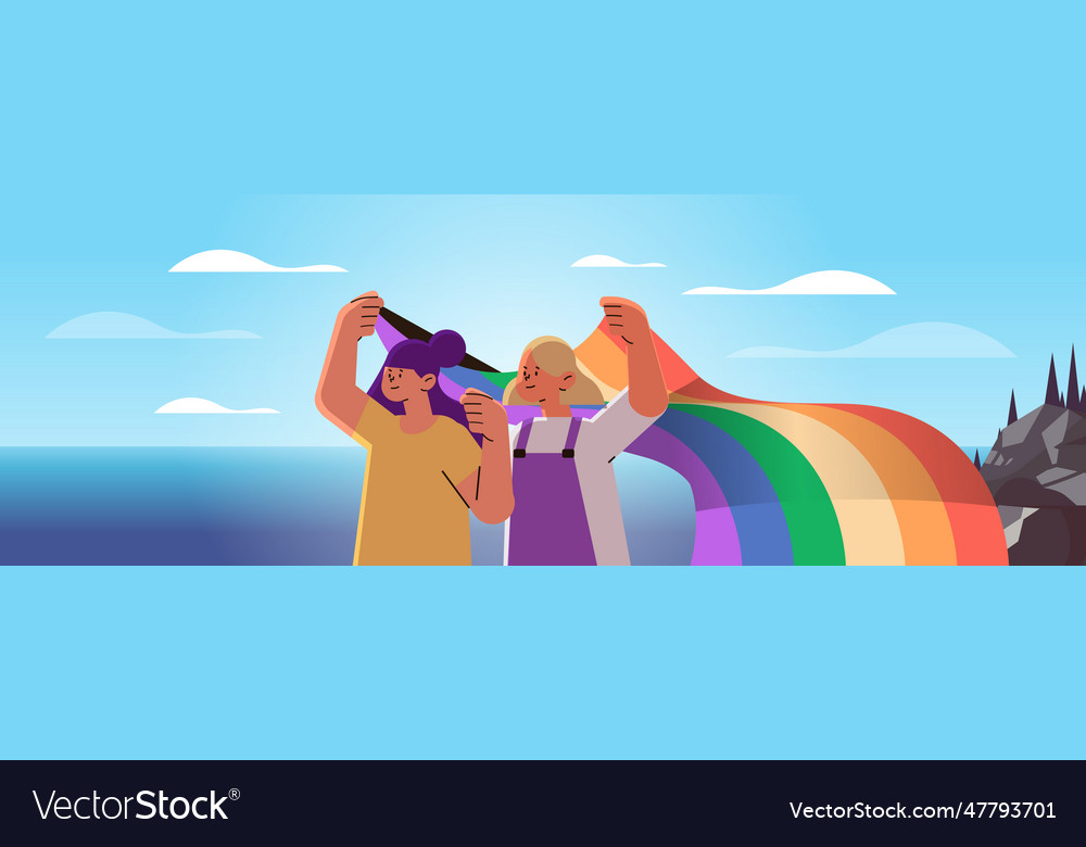 Women holding lgbt rainbow flag gay lesbian love Vector Image