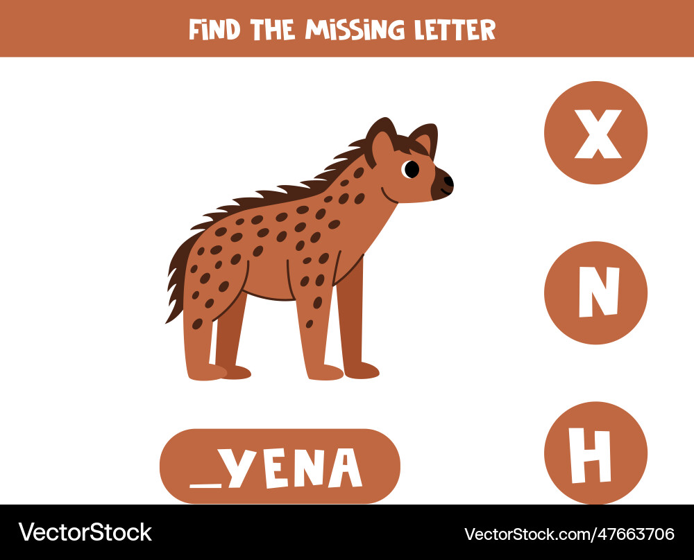 Find missing letter with cartoon hyena spelling Vector Image