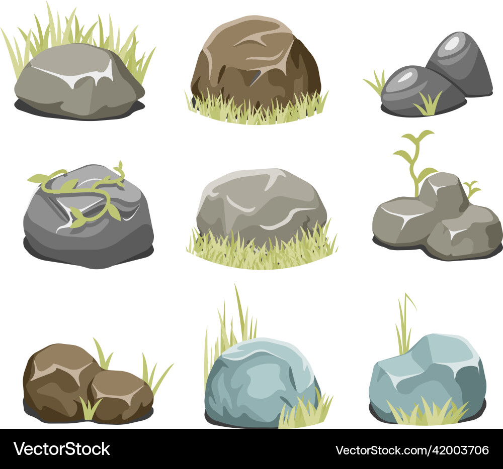 Rocks with grass stones and green grass on white Vector Image