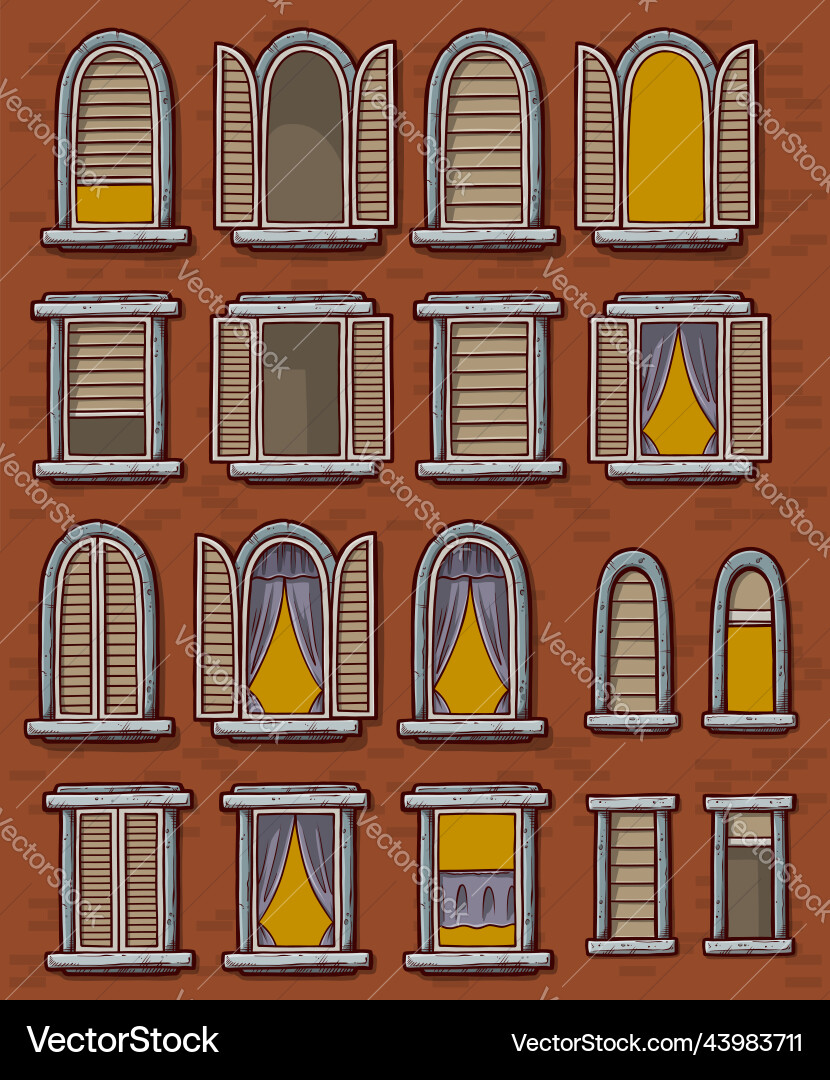 Cartoon windows with open shutters and curtains Vector Image