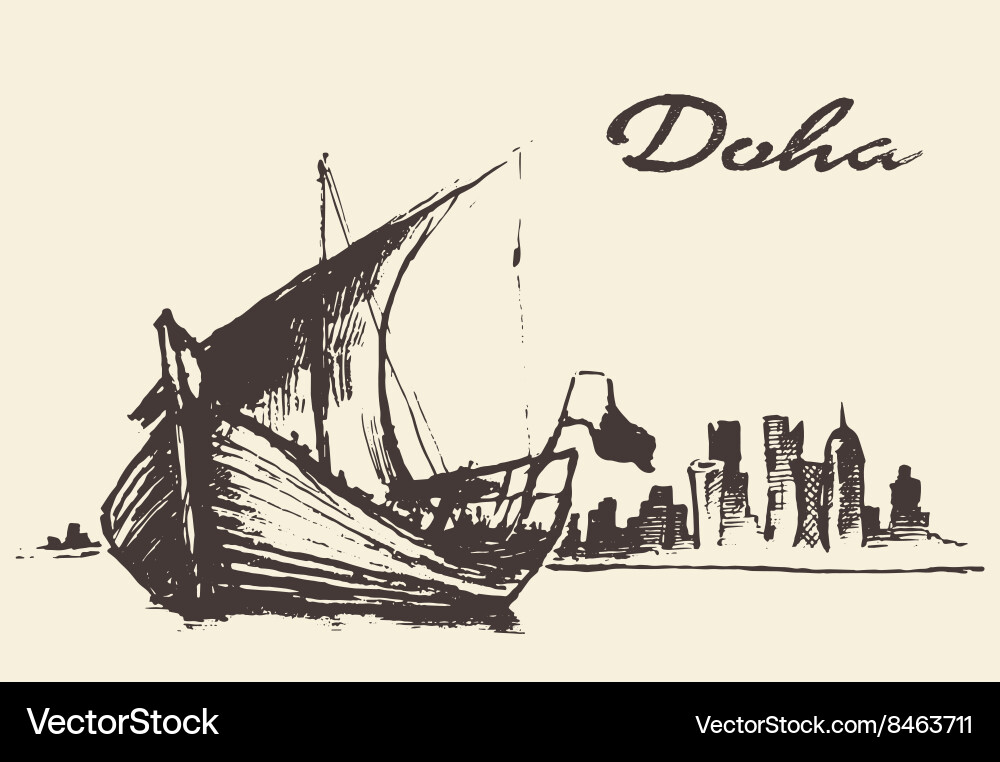 Doha skyline dhow qatar hand drawn sketch Vector Image