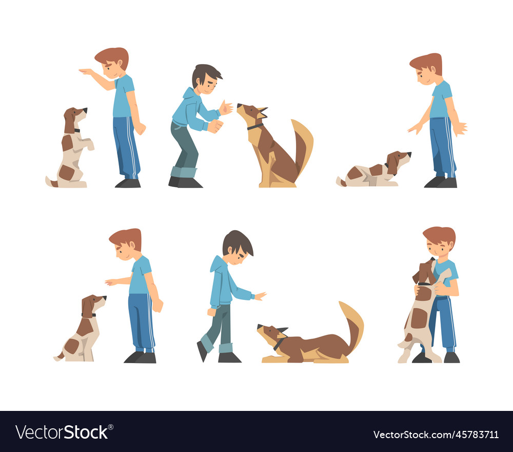 Young boy training his dog teaching him sitting Vector Image
