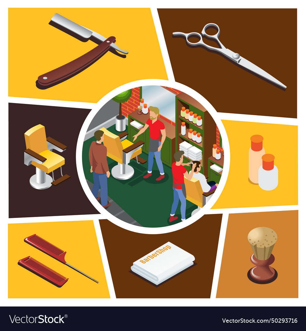 Isometric barber shop elements composition Vector Image