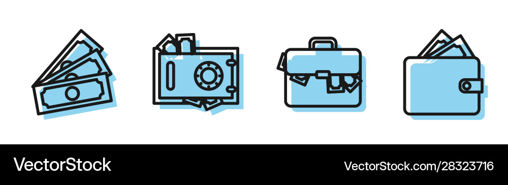 Set line briefcase and money stacks paper money Vector Image