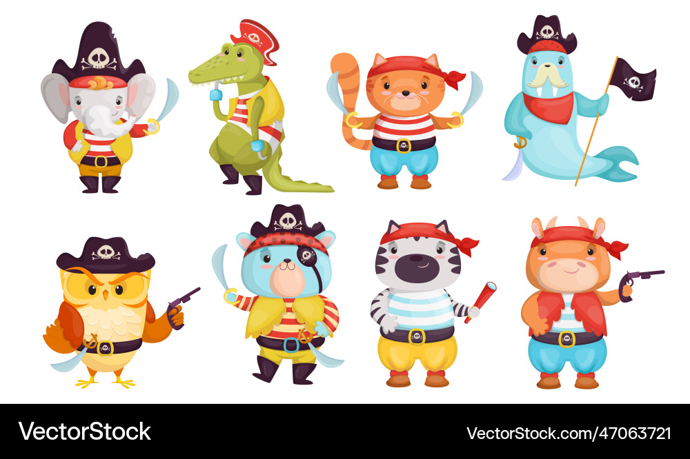 Bright funny pirate animals flat pictures set Vector Image