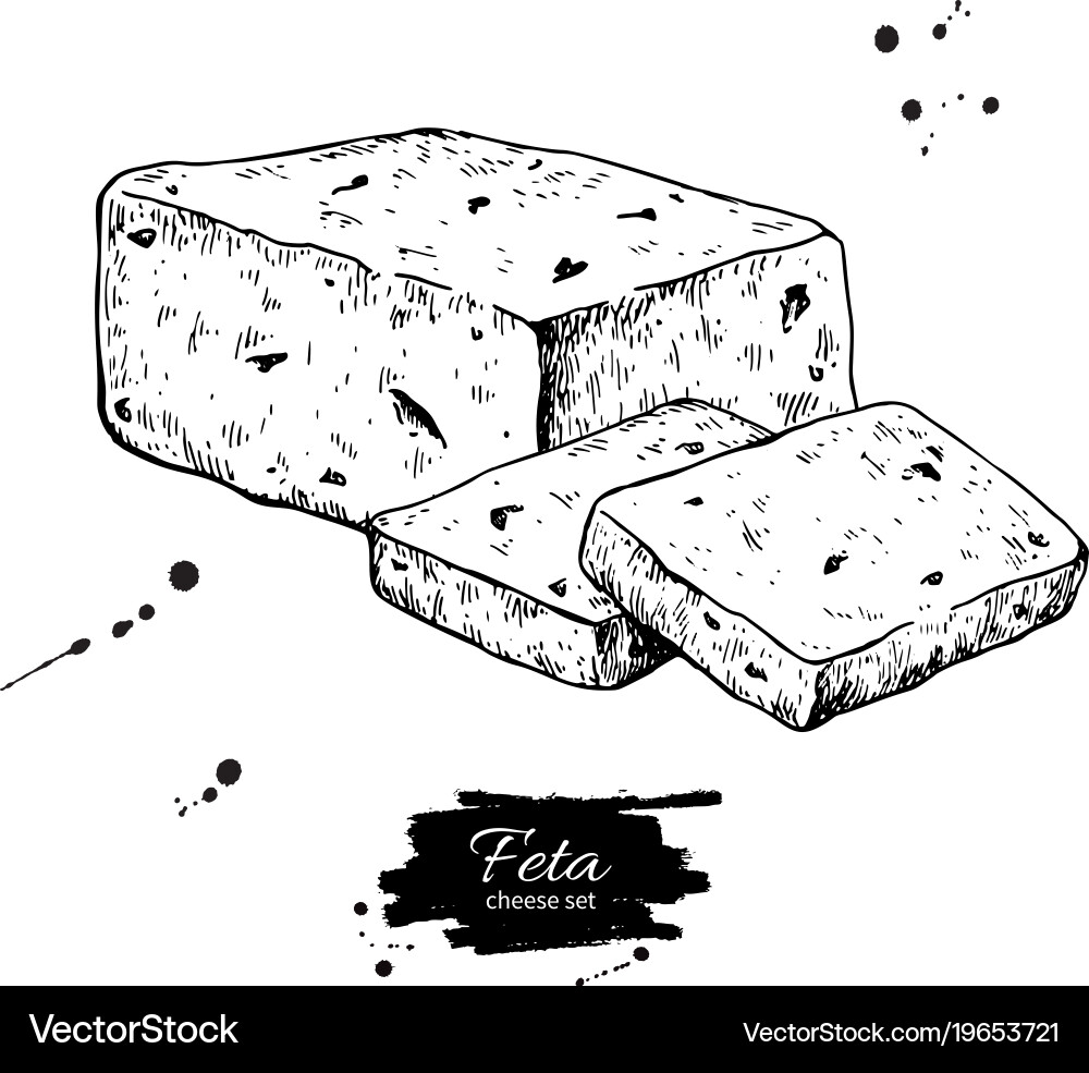 Greek feta cheese block slice drawing Royalty Free Vector