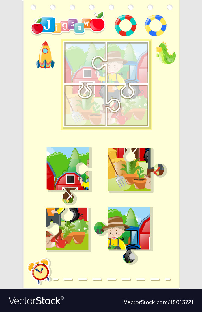 Jigsaw puzzle pieces of farmer in the farm Vector Image