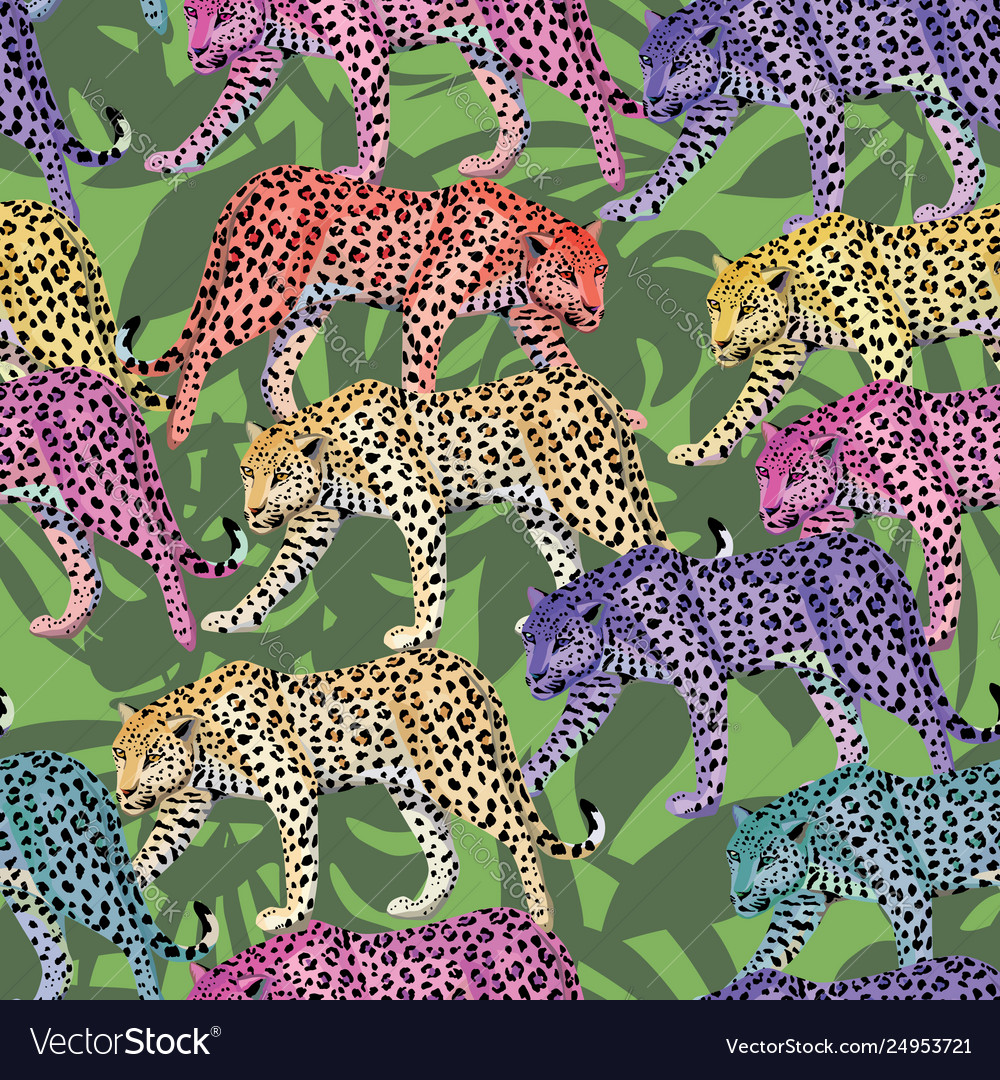 Multicolor leopard pattern seamless green leaves Vector Image